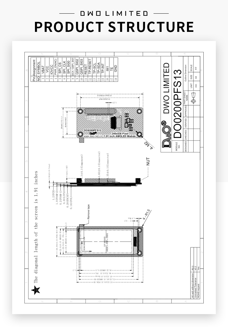 DO0200PFS13 AMOLED screen DO0200PFS13 1.91inch 240*536 SPI QSPI LCD Display Module ESP32 STM32 ...